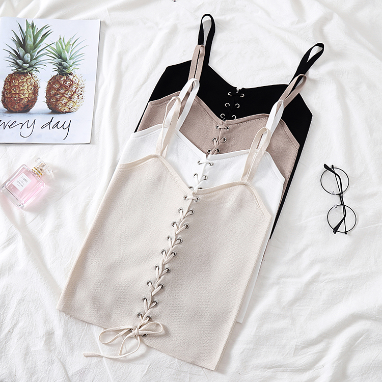 Drawstring Crop Top Female Camis V-neck Vest White Stretchy Tank Tops ...