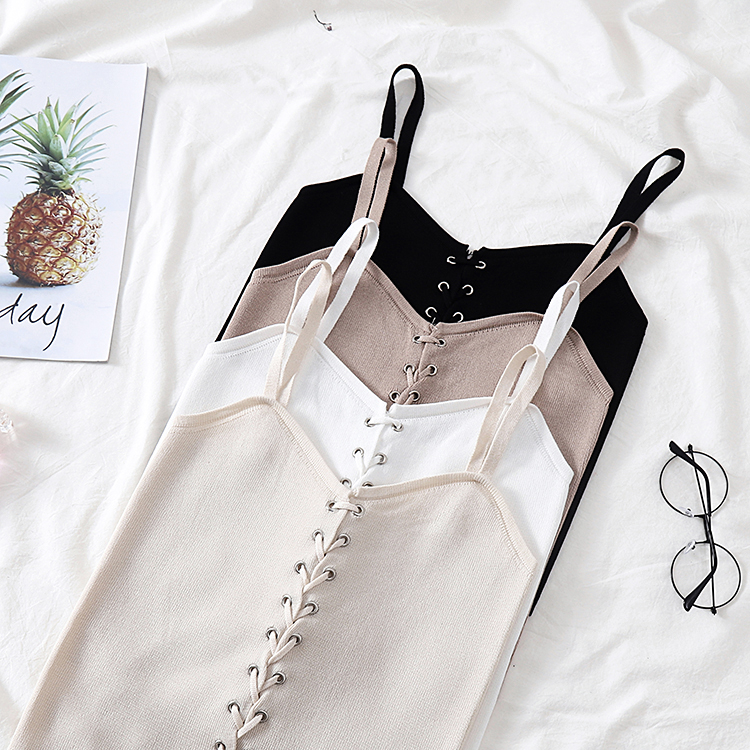 Drawstring Crop Top Female Camis V-neck Vest White Stretchy Tank Tops ...