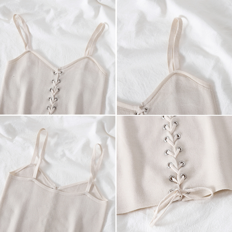 Drawstring Crop Top Female Camis V-neck Vest White Stretchy Tank Tops ...