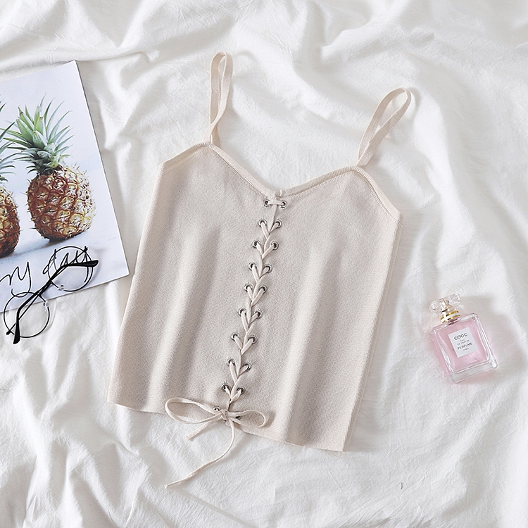 Drawstring Crop Top Female Camis V-neck Vest White Stretchy Tank Tops ...